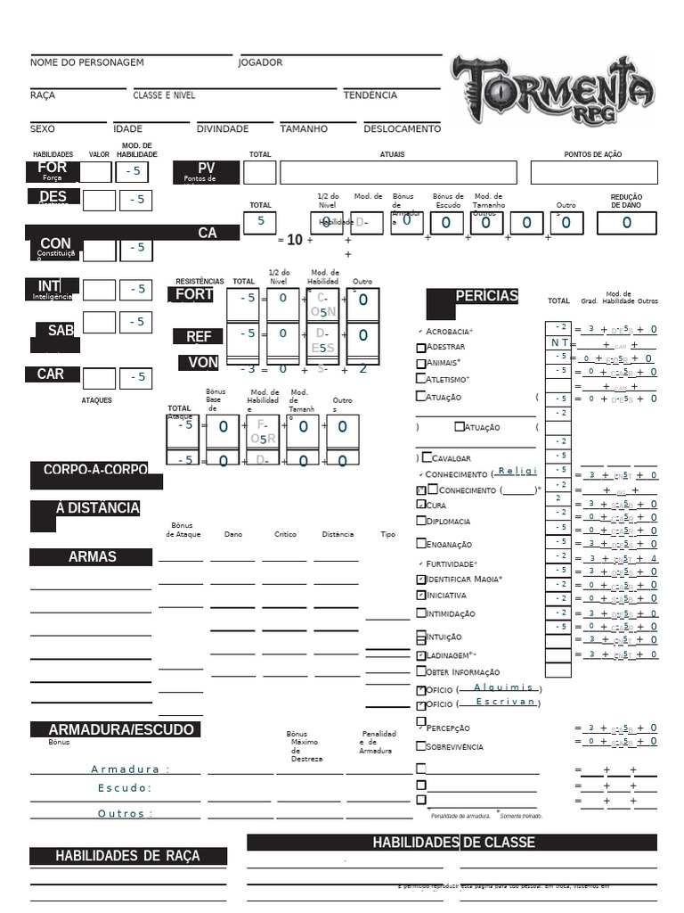 Tormenta RPG Ficha de Personagem Editavel Biblioteca Elfica | PDF