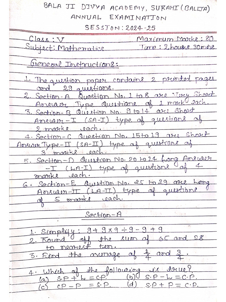 CL-5&6 B.D.A Yearly Exam Paper | PDF