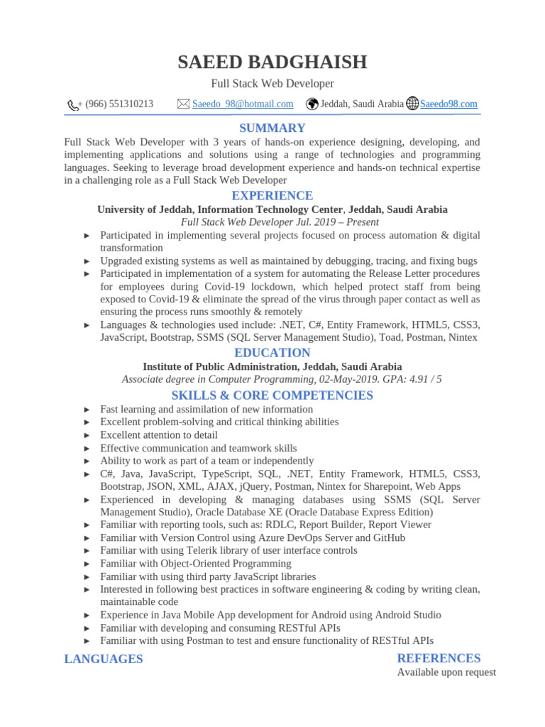 Saeed Badghaish CV - Full Stack Web Developer | PDF | Java Script | Computer Programming