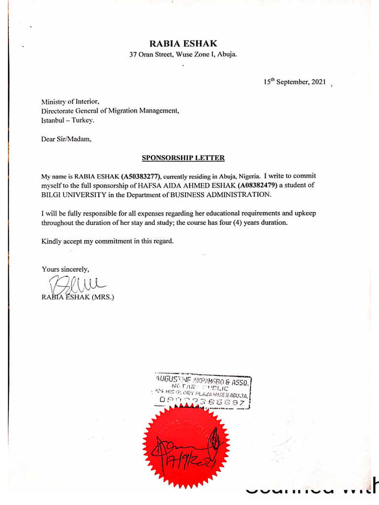 Hafsa Sponsorship Letter | PDF