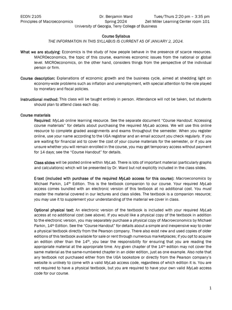 ECON 2105 Macroeconomics Syllabus 2024 | PDF | Textbook | Homework