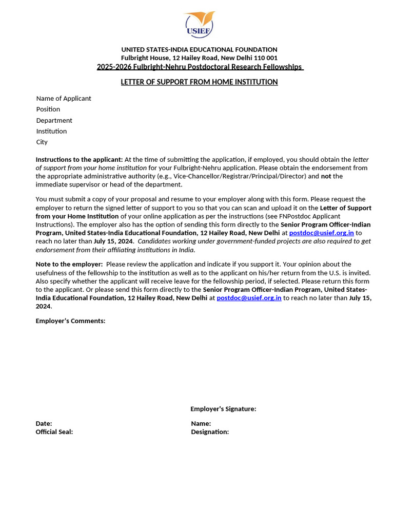 Fulbright-Nehru Postdoc Support Letter | PDF