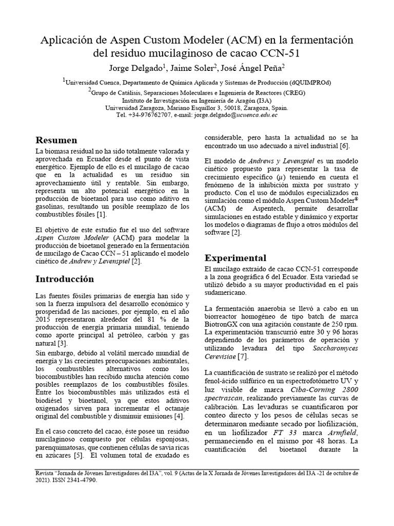 Aplicación de Aspen Custom Modeler (ACM) en La Fermentación Del Residuo ...