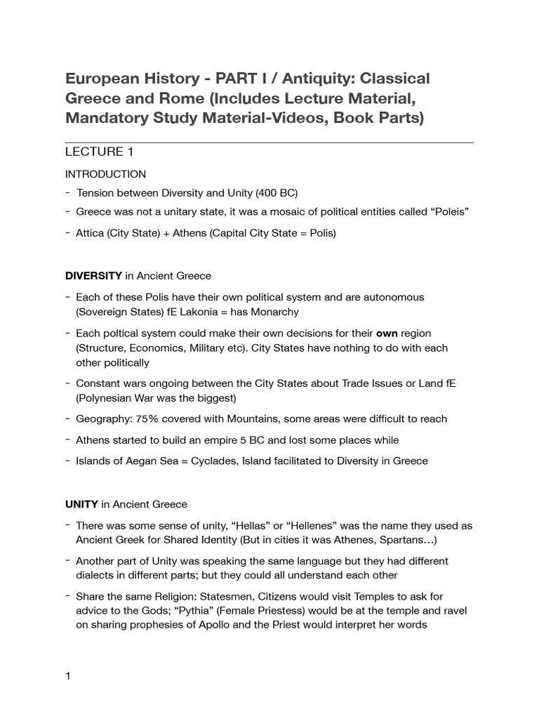 European History - Politics and Culture - Antiquity - Greece and Rome 2 ...