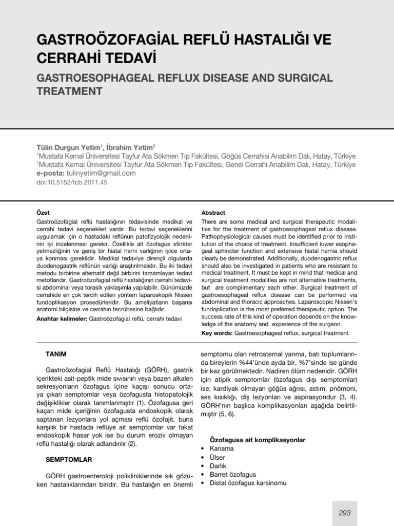 Gastroözofagial Reflü Hastaliği Ve Cerrahi Tedavi: Gastroesophageal ...