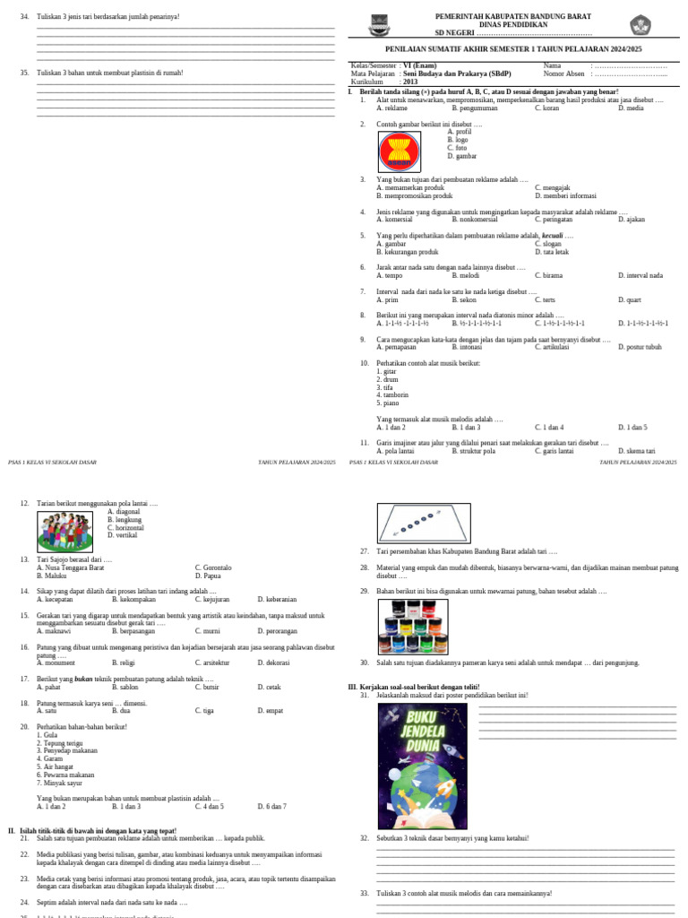 MASTER SOAL SBDP KELAS VI SEMESTER 1 TP. 2024-2025 | PDF