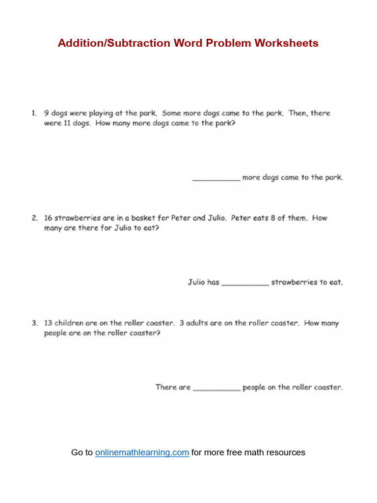 Addition Subtraction Word Problem Grade1 Worksheet1 | PDF