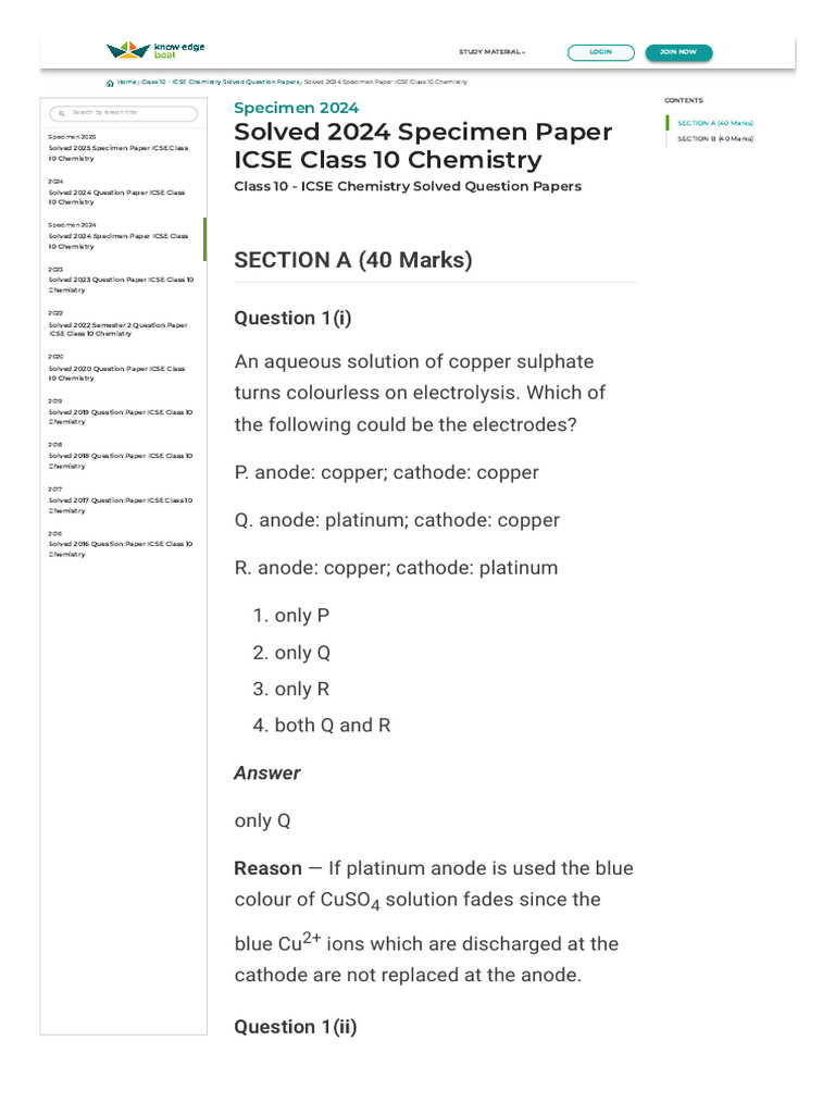 Specimen 2024_ Solved 2024 Specimen Paper ICSE Class 10 Chemistry _ ICSE Class 10 Chemistry Last ...