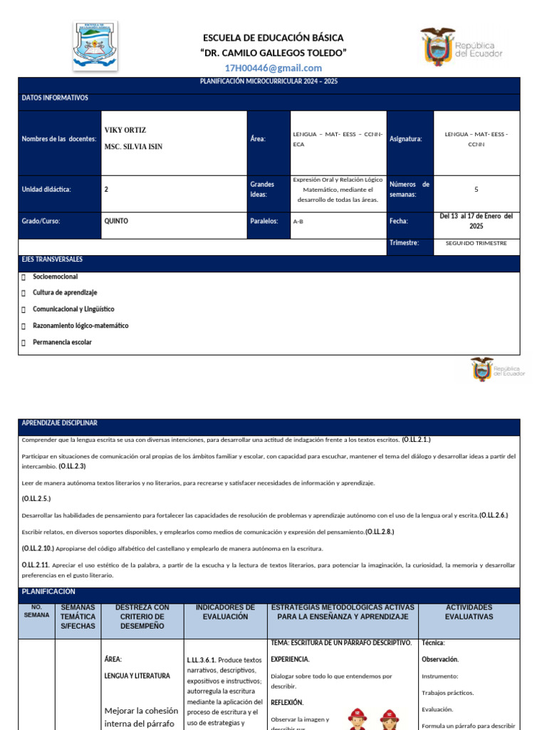 Planificación Microcurricular 2024-2025 | PDF | Aprendizaje ...