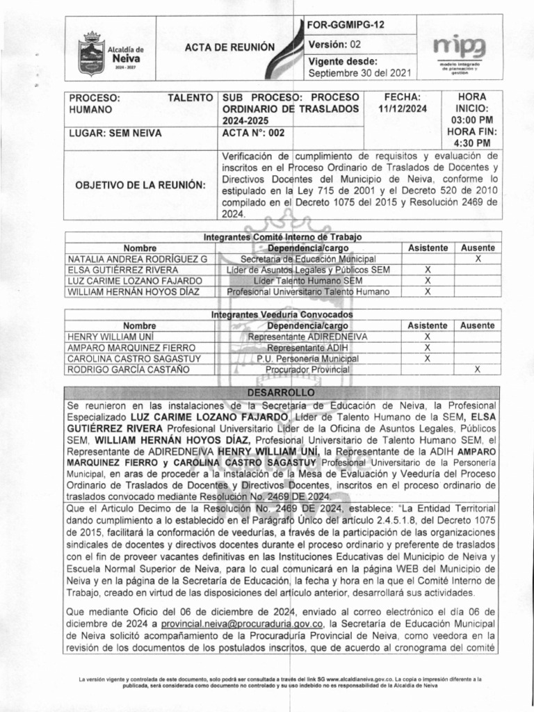 Acta 002 Del 11-12-2024 Sem | PDF
