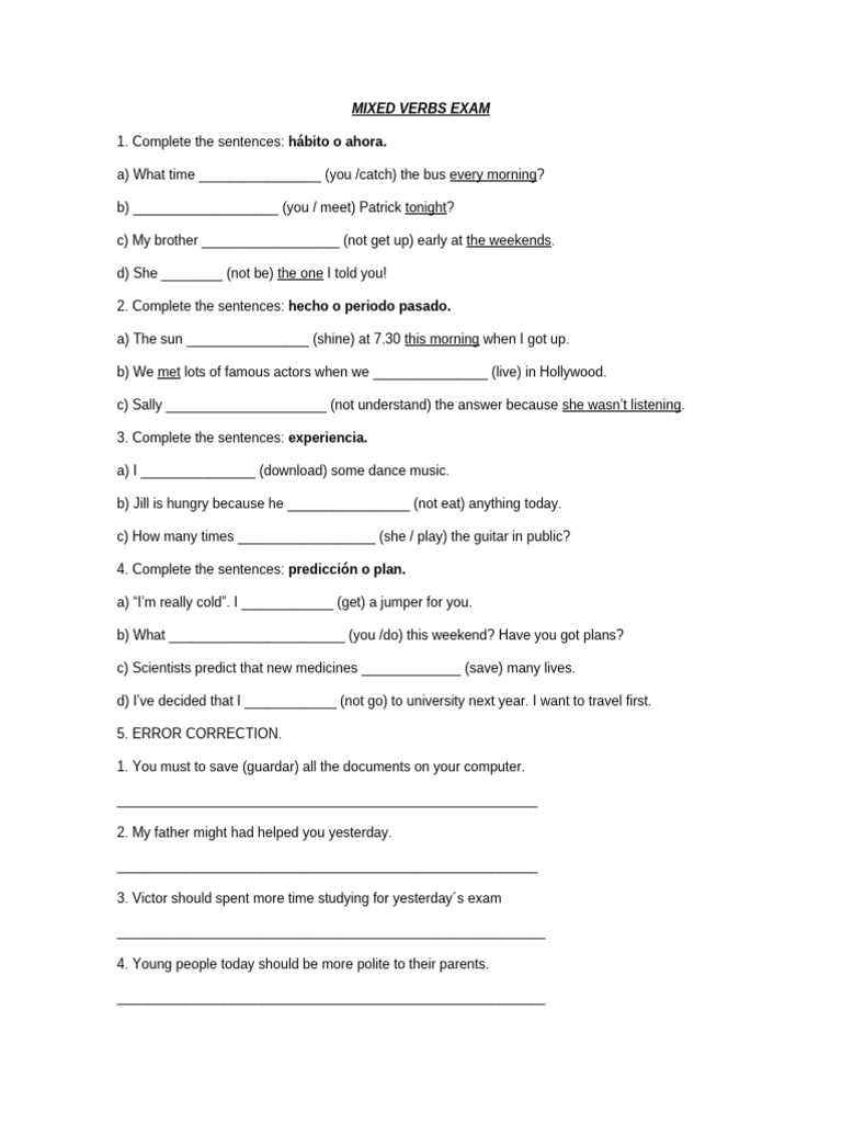 Mixed Verbs Exam | PDF