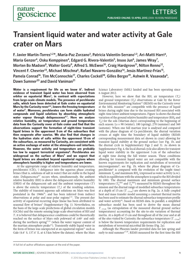 MARTIN, F. 2015. Transient liquid water and water activity at Gale ...