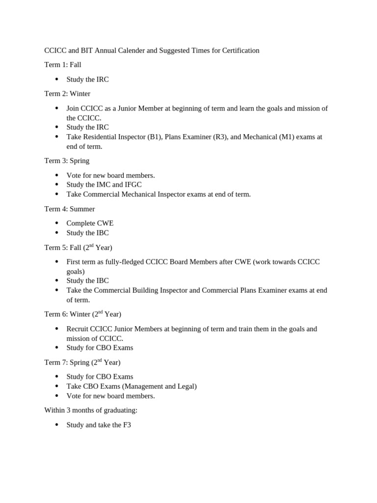 CCICC and BIT Annual Calender and Suggested Times For Certification | PDF