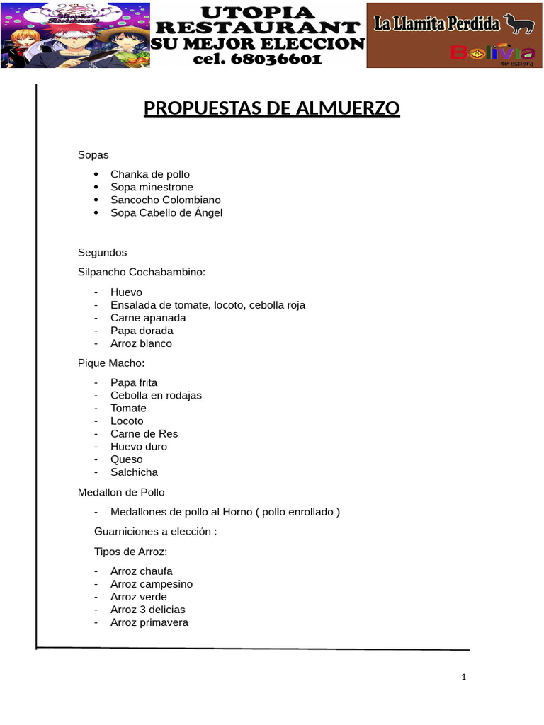 Menú Variado de Almuerzos y Cenas | PDF