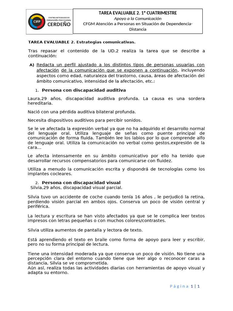 TAREA EVALUABLE 2. Estrategias Comunicativas (UD.2) | PDF | Discapacidad intelectual | Comunicación