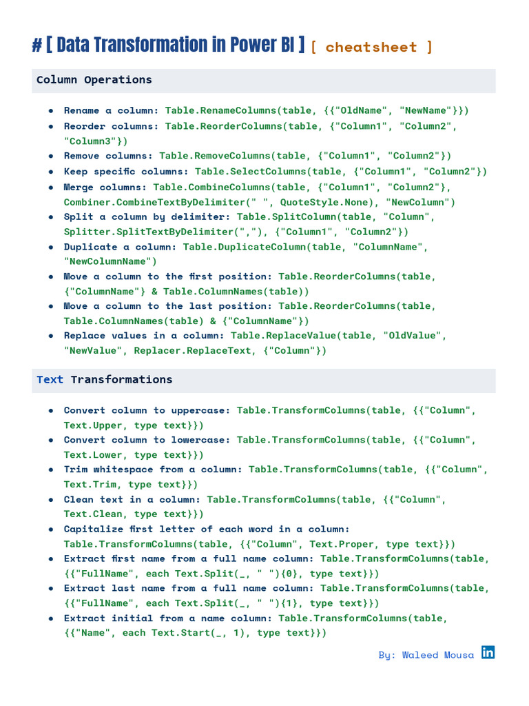 Data Transformation in Power BI Cheatsheet 1731972784 | PDF | Numbers ...