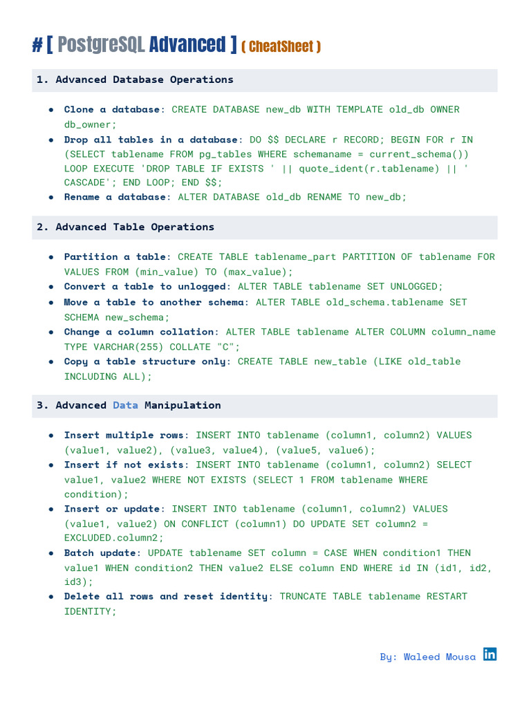 PostgreSQL Advanced CheatSheet 1731972672 | PDF | Cache (Computing) | Databases