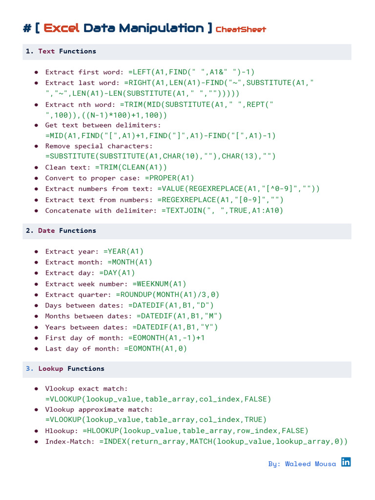 Excel Data Manipulation CheatSheet 1731972102 | PDF | Applied Mathematics