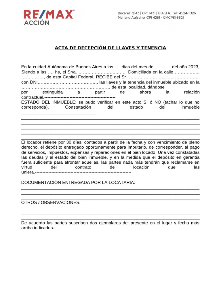 Acta Recepcion de Llaves | PDF