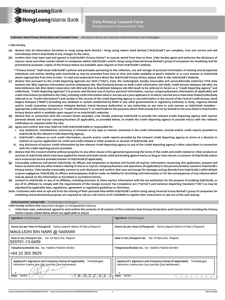 Data Privacy Consent Form V001_JUL 2021_EN & BM-1 | PDF | Legal ...