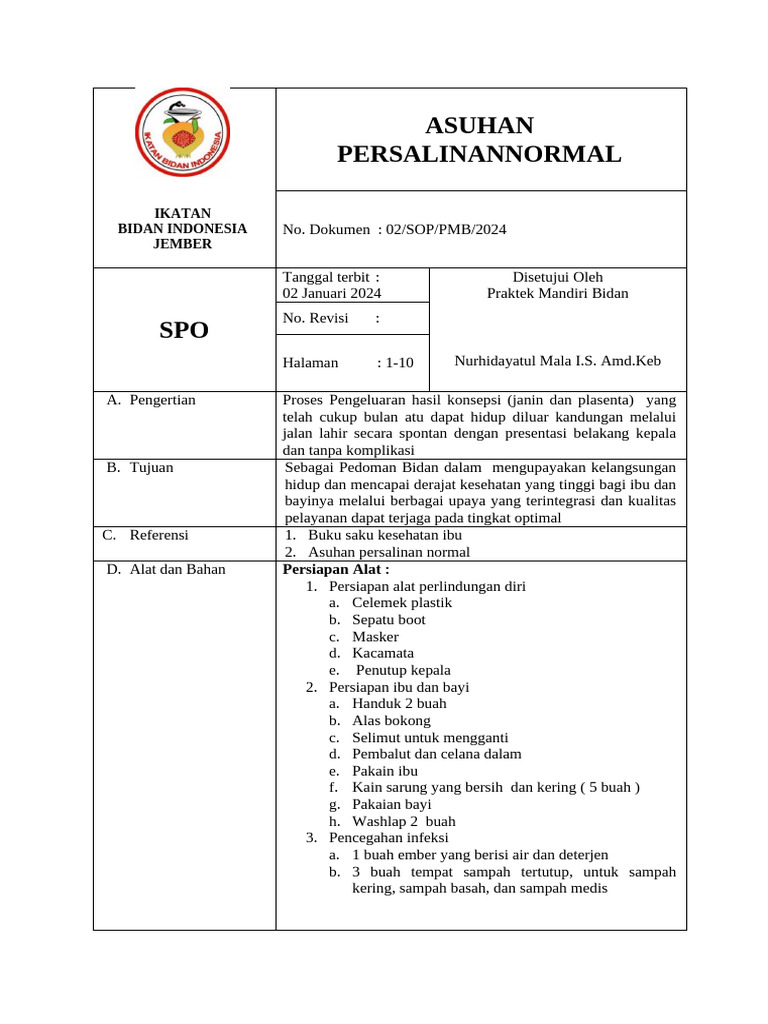Sop Asuhan Persalinan Normal | PDF