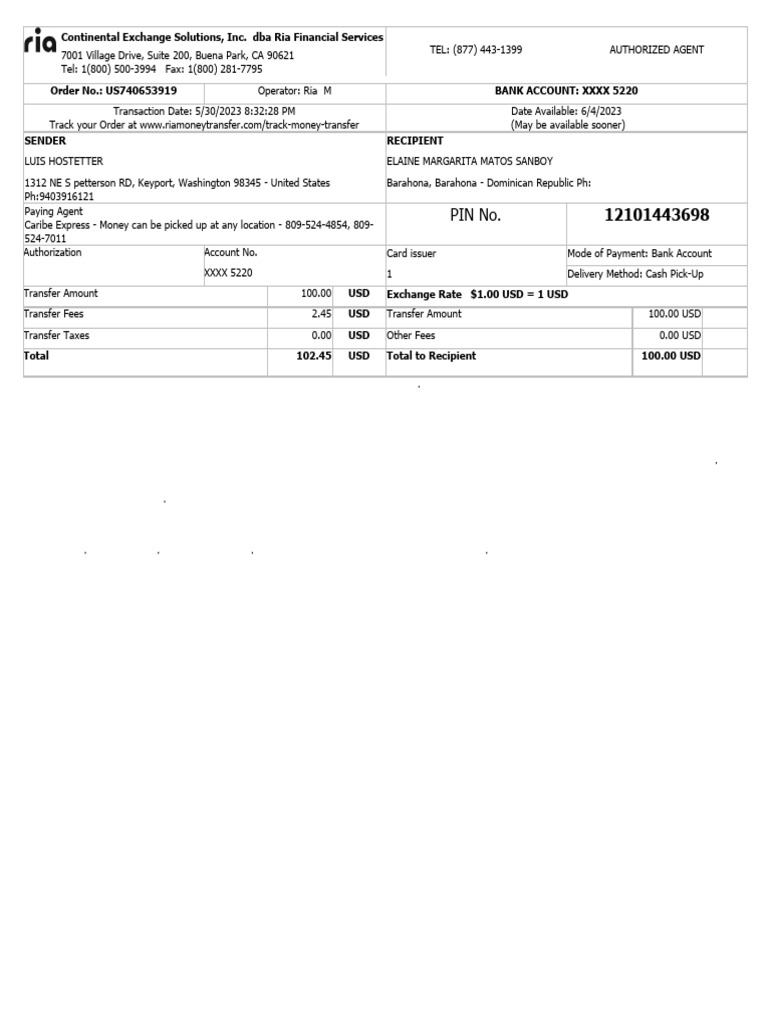 Ria Order Receipt US740653919 | PDF | Payments | Receipt