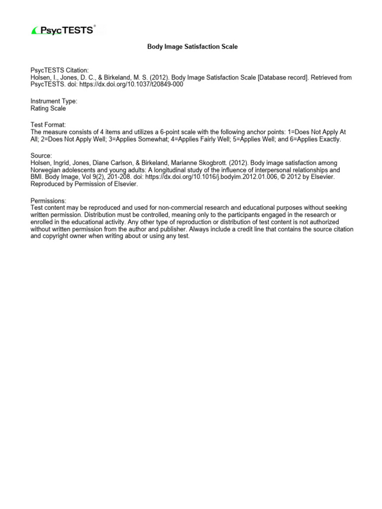Body Image Satisfaction Scale 4 Itemy | PDF