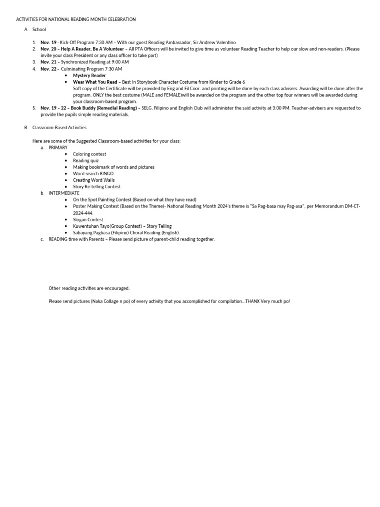 National Reading Month Activities 2025 | PDF