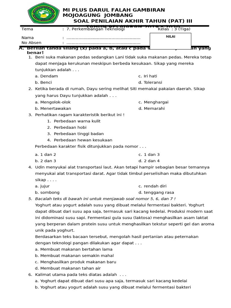 Soal PAT Tema 7 Kelas 3 | PDF