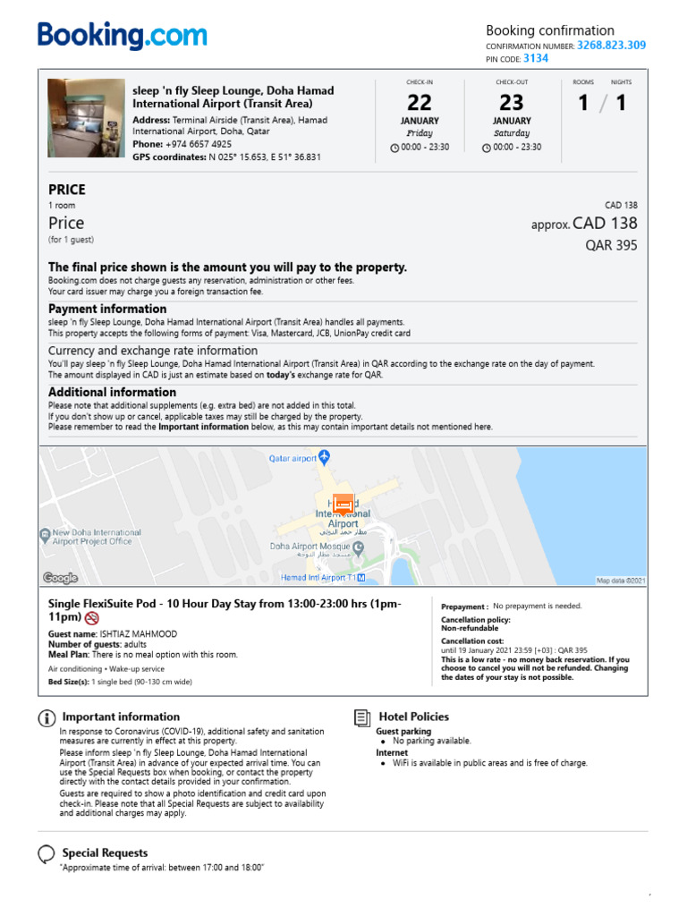 SleepNFly - Booking - Com - Confirmation | PDF | Payments | Airport