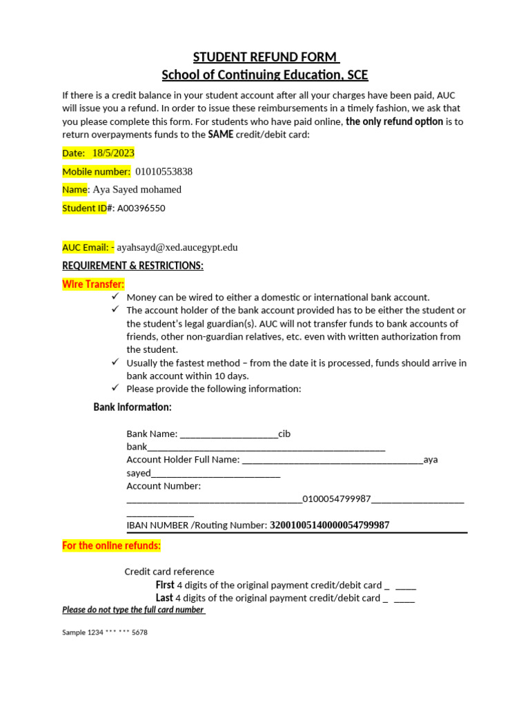 STUDENT REFUND FORM | PDF | Credit Card | Debit Card
