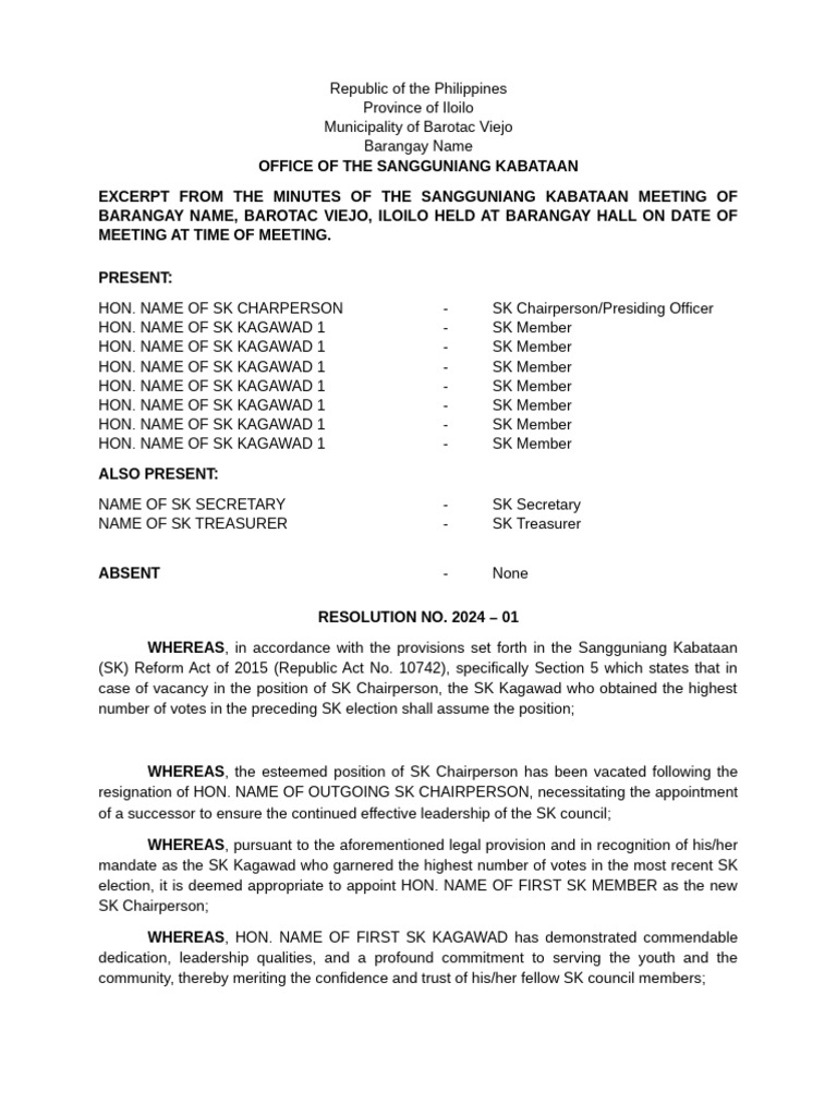 Resolution For Appointing The New SK Chairperson | PDF | Governance | Government