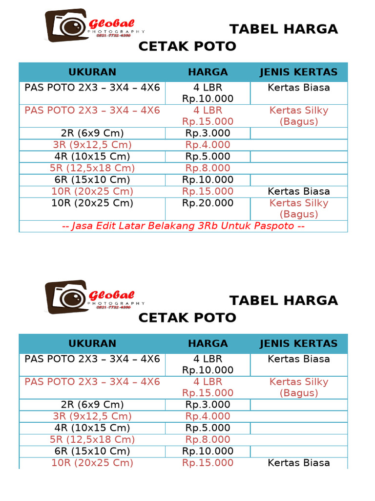 TABEL HARGA CETAK POTO | PDF