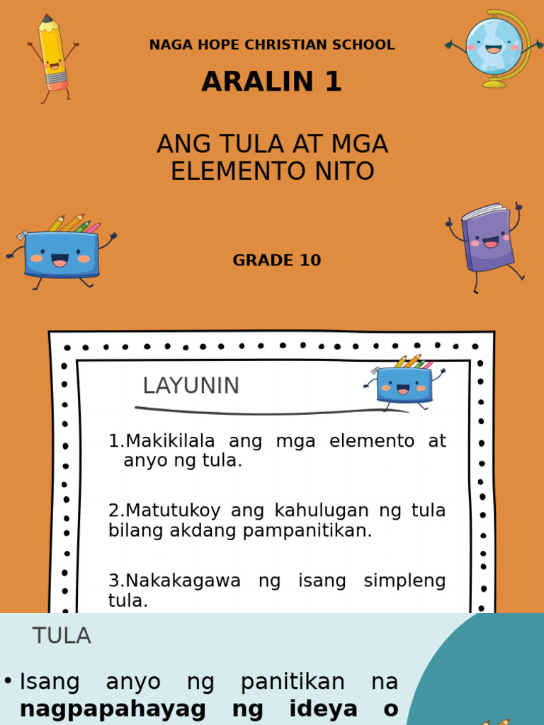 ARALIN 1 PANITIKAN Kahulugan NG Tula at Ang Mga Elemento Nito | PDF