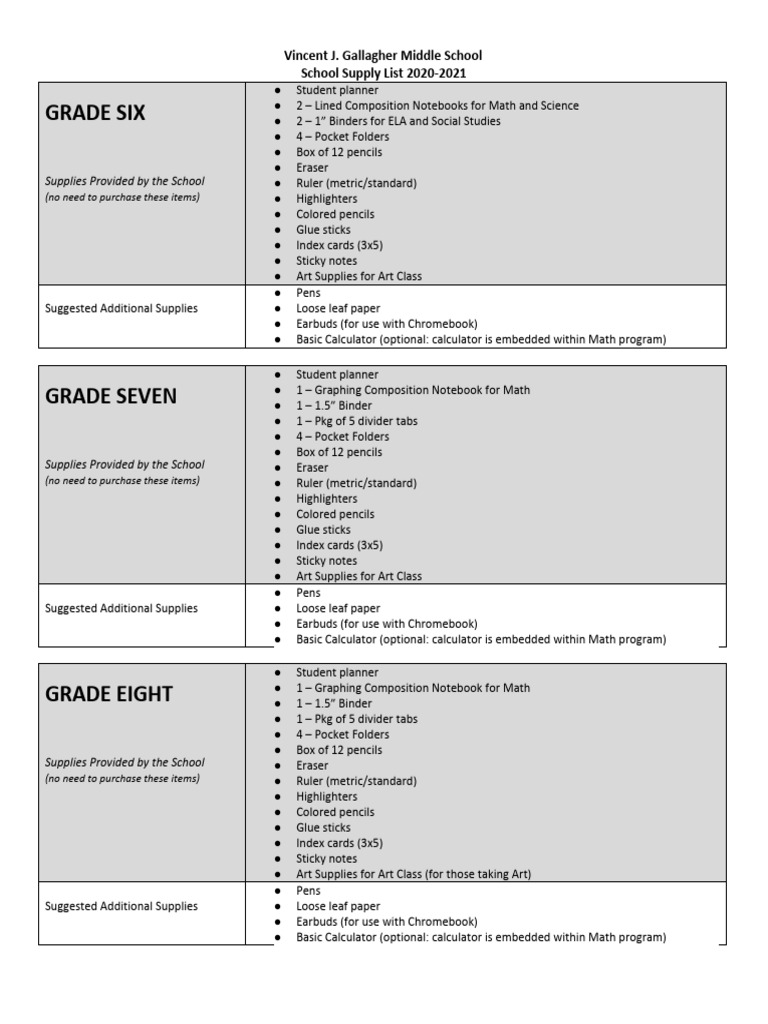 Vincent J. Gallagher School Supply List | PDF | Pencil | Writing Implements