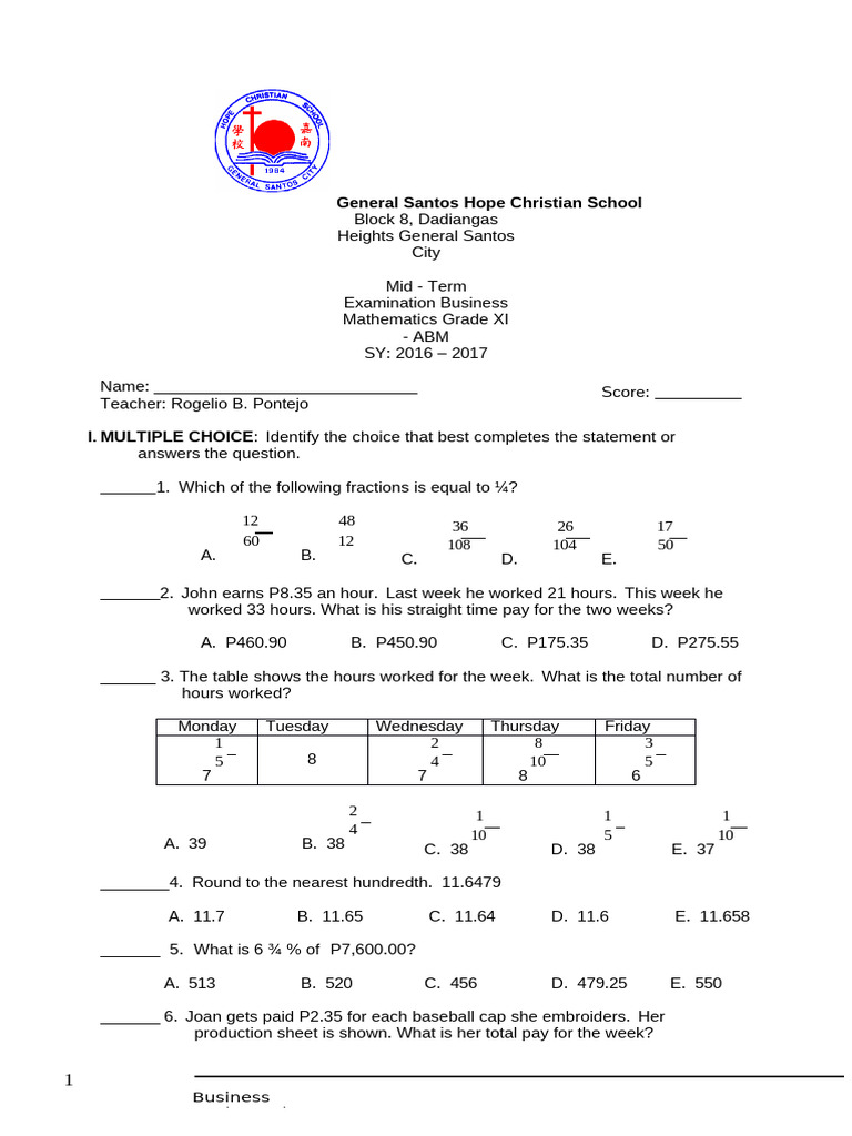 Grade XI Business Math Exam | PDF | Interest | Prices