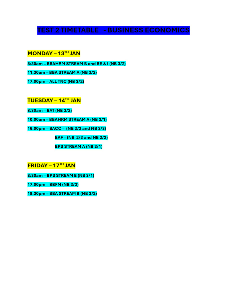 Test 2 Timetable | PDF