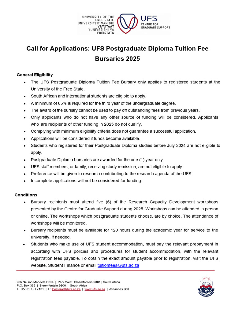 UFS Postgraduate Diploma Bursaries 2025 | PDF | Postgraduate Education
