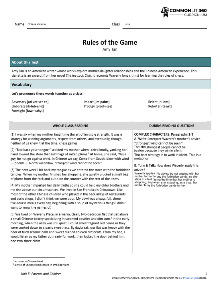 Reading Comprehension: Rules of The Game: Editada | PDF | Creative ...