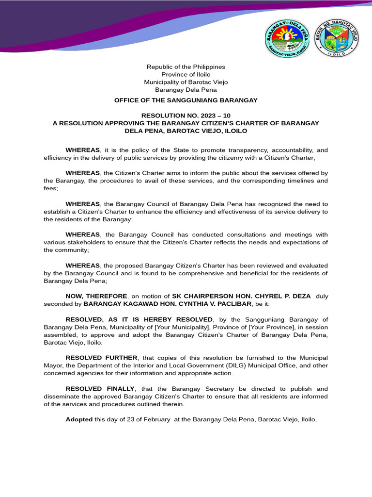 Barangay Citizens Charter - Resolution | PDF | Government