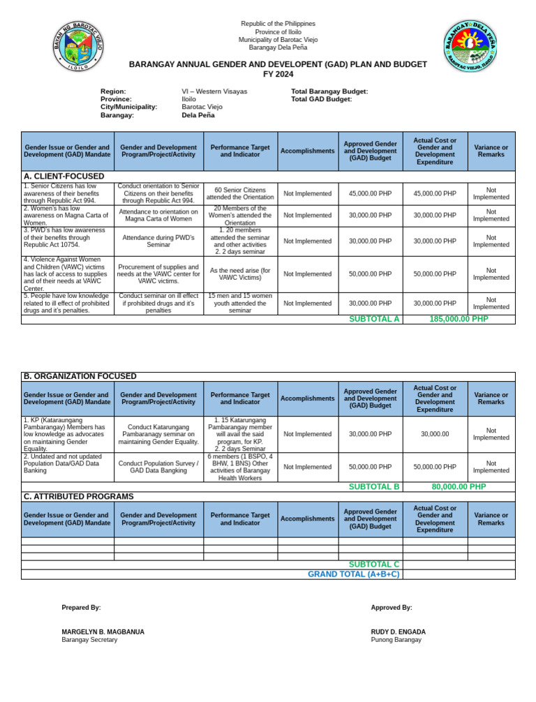 Barangay Annual Gender and Development Plan FY 2024 | PDF | Justice ...