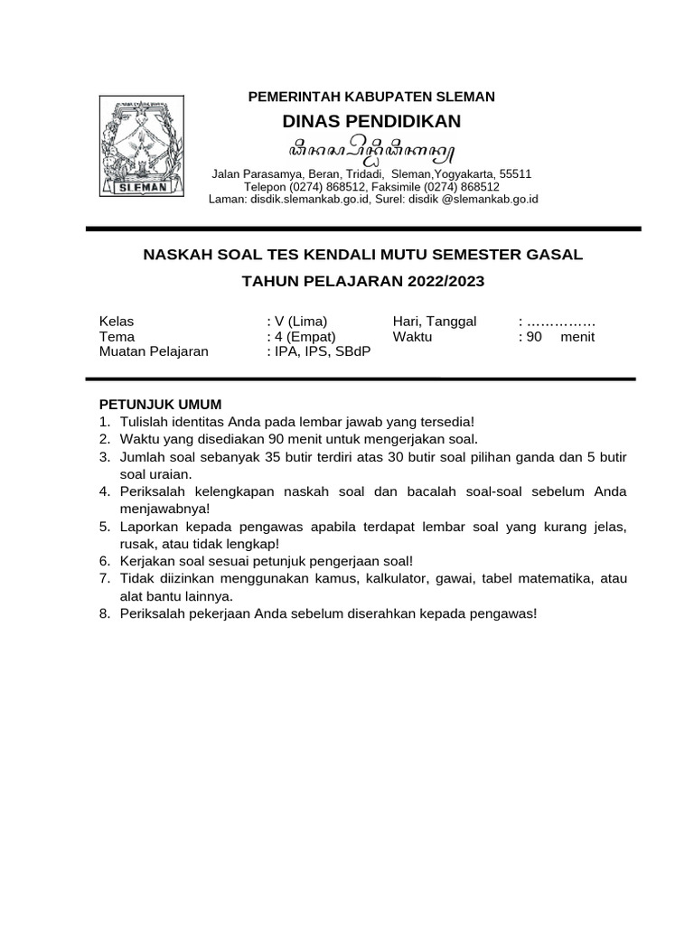 SOAL TKM KELAS V TEMA 4 MUPEL IPA, IPS, SBDP | PDF