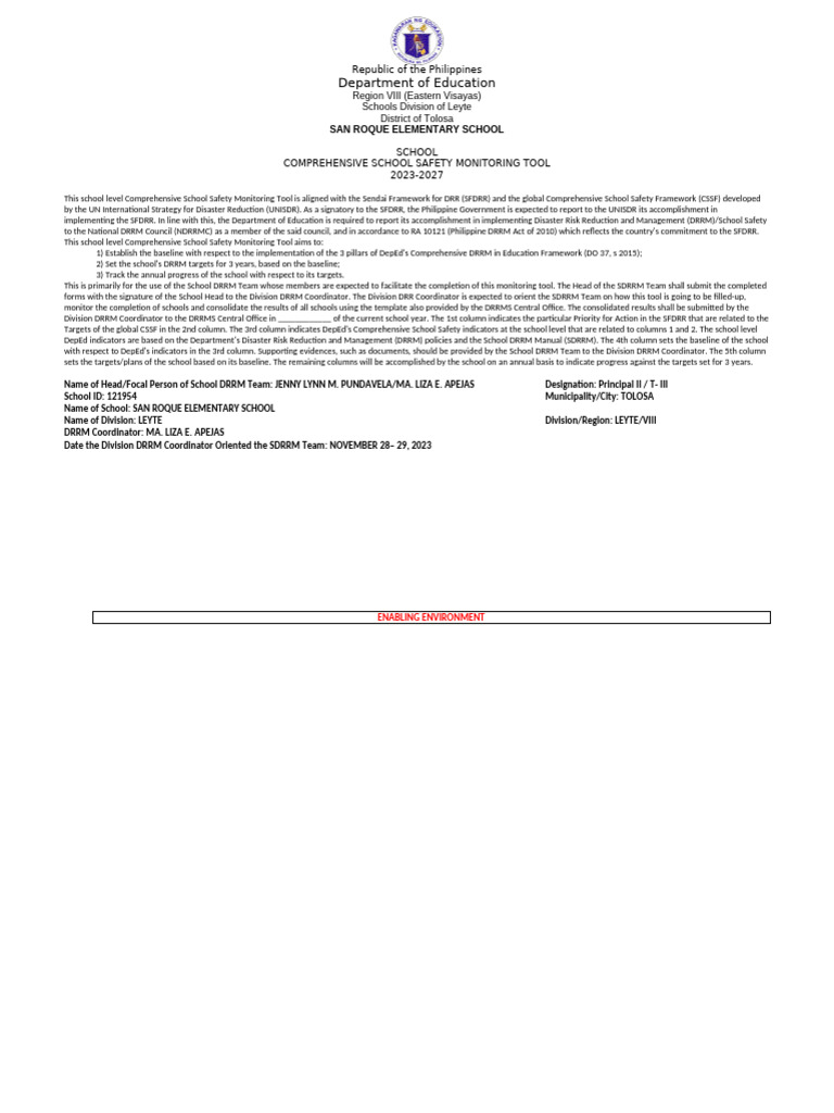 Comprehensive School Safety Monitoring Tool | PDF | Disaster Risk ...