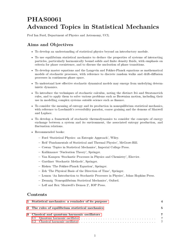 PHAS0061 Notes | PDF | Statistical Mechanics | Thermodynamic Equilibrium