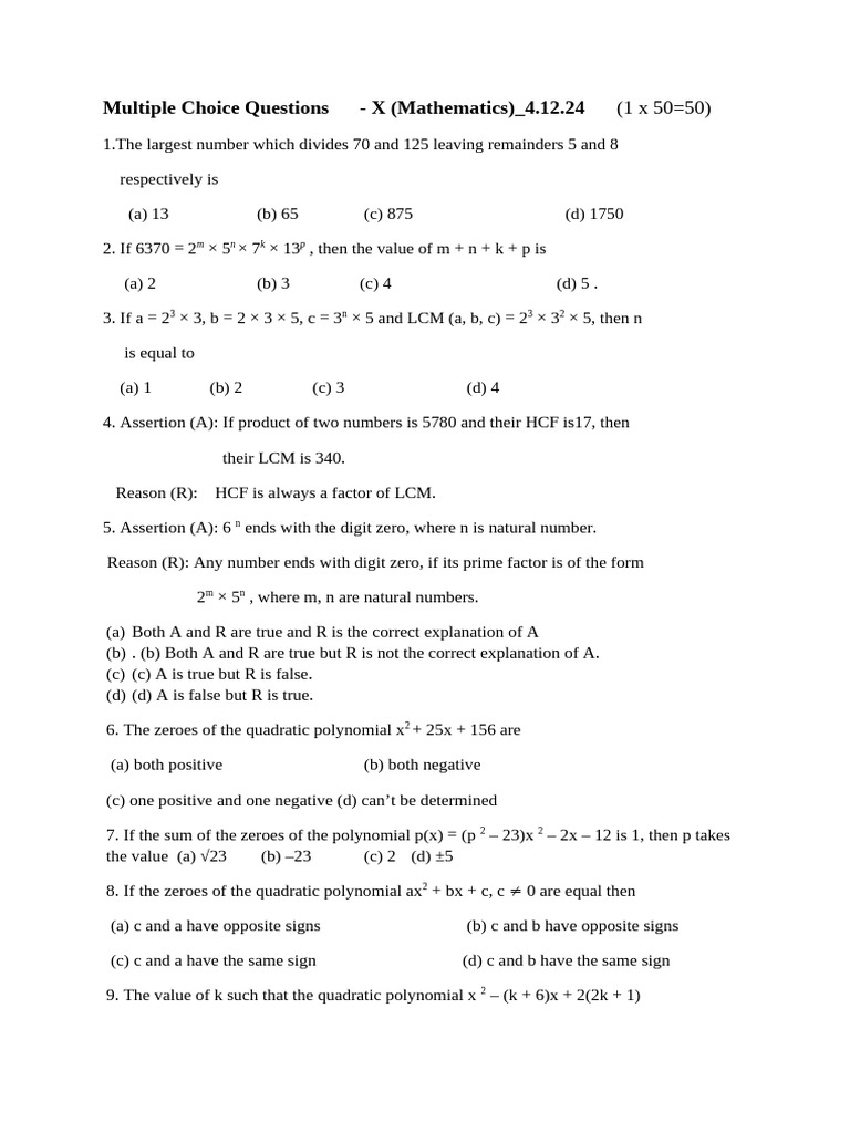 MCQ Test _ Class X (Mathematics Test)-1 | PDF | Circle | Polynomial