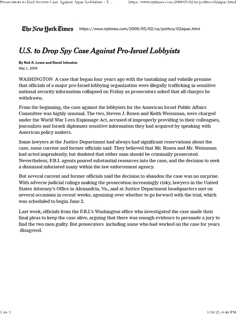 Prosecutors To End Secrets Case Against Aipac Lobbyists - The New York ...