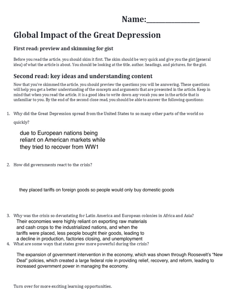 Great Depression Article Questions 1:14 New | PDF | Great Depression ...