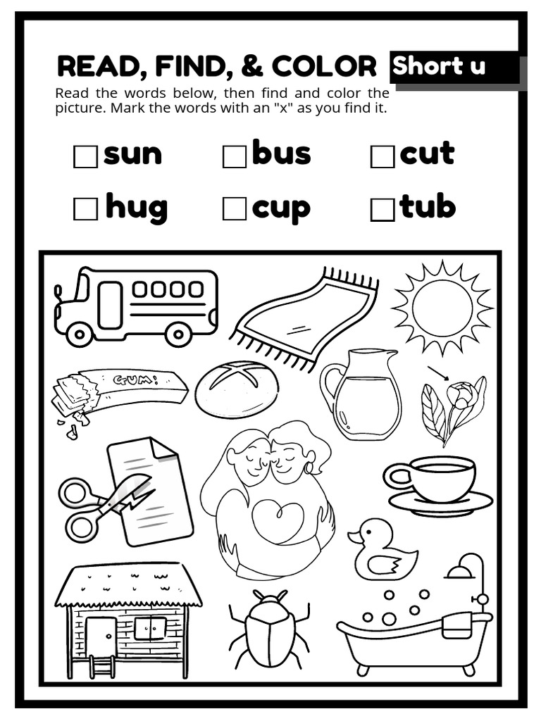 Read, Find, and Color Short U CVC Worksheet | PDF