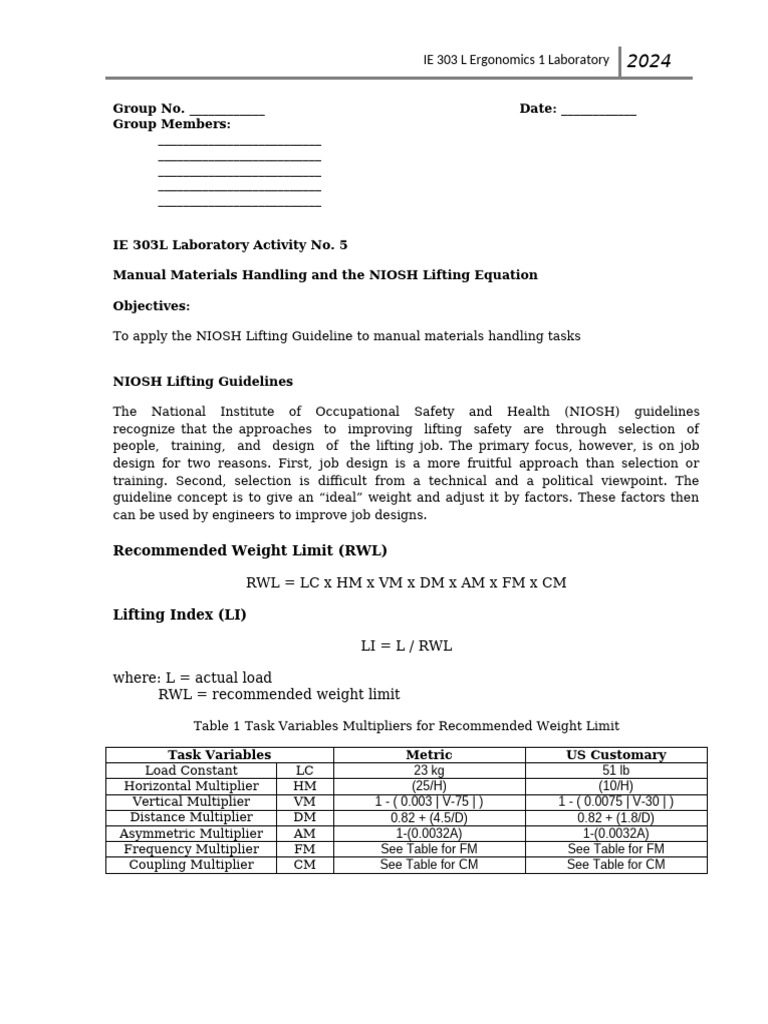 IE 303L Lab 5 NIOSH Lifting Index | PDF | Lift (Force) | Metrology