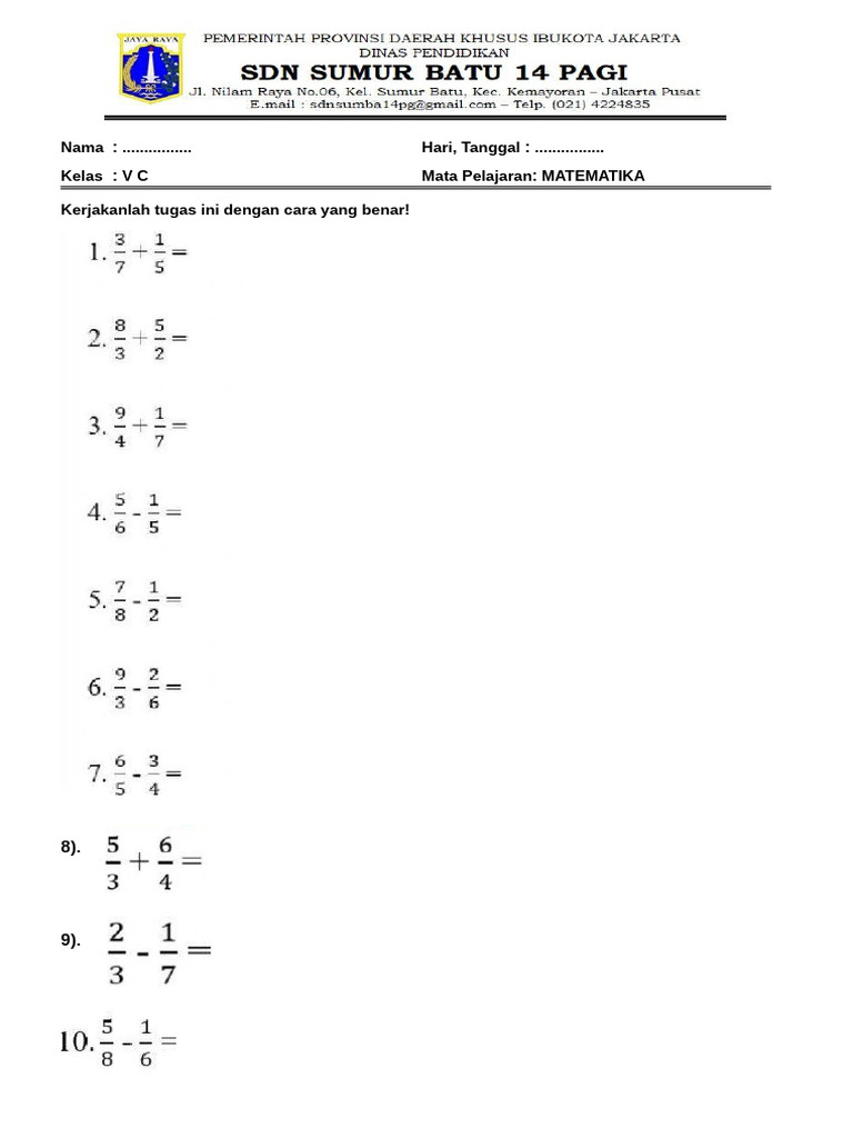 Latihan Soal Kelas 5 C Matematika TP 2024 - 2025 Selasa 24 September 2024 | PDF
